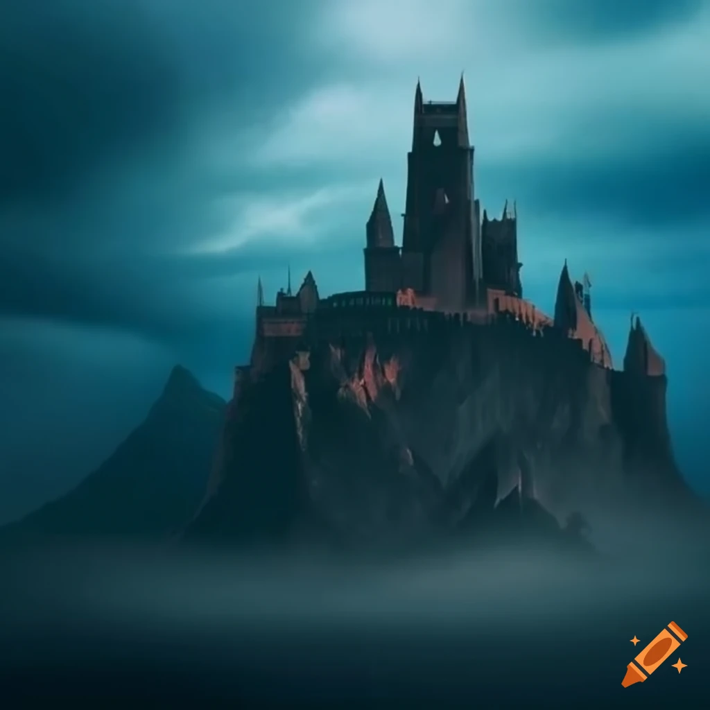 Sinister castle under stormy skies with distant mountains on Craiyon