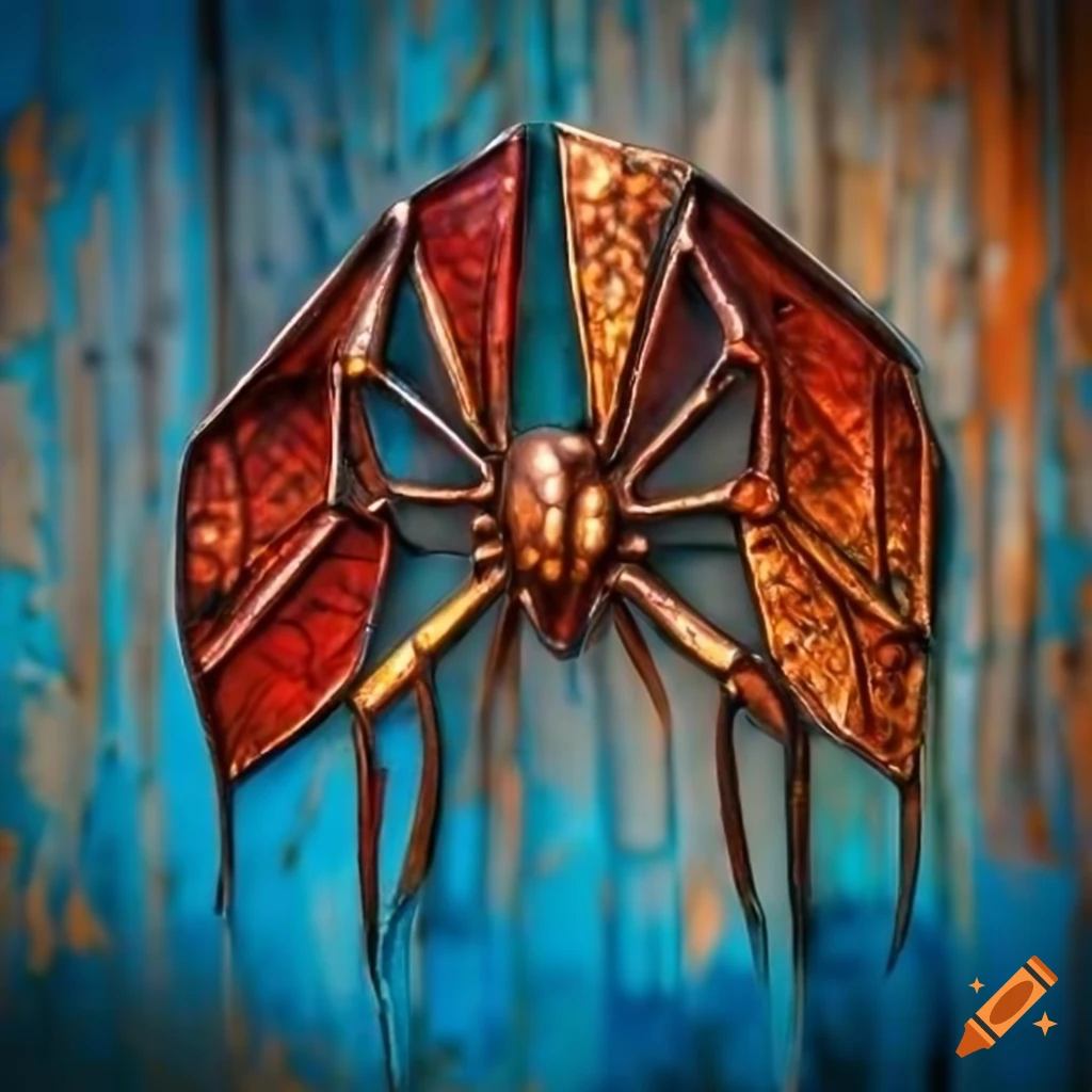 Joro spider stained glass copper metal tribal design on concrete ...
