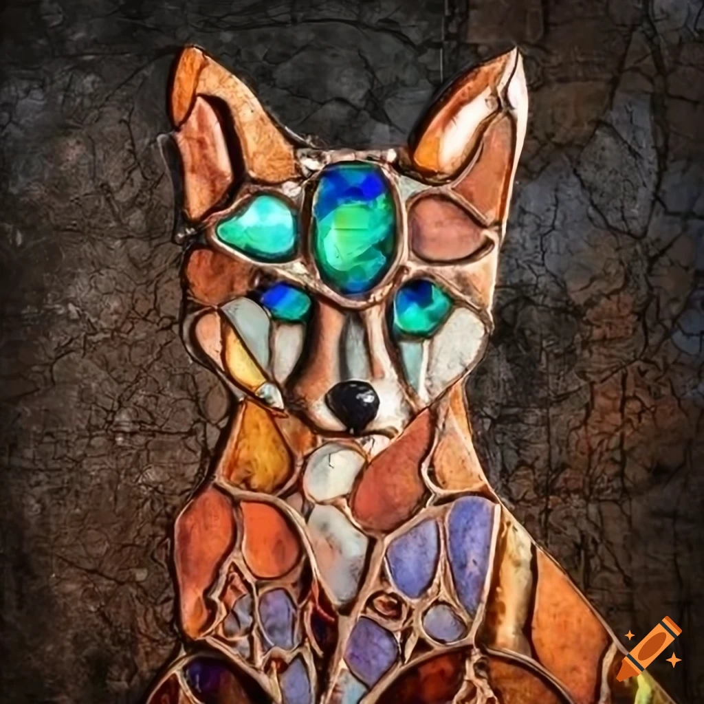 Fox stained glass with copper and gem stones on tribal design on Craiyon