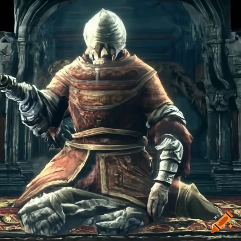 Intricately detailed Dark Souls NPC merchant on a filthy carpet on Craiyon