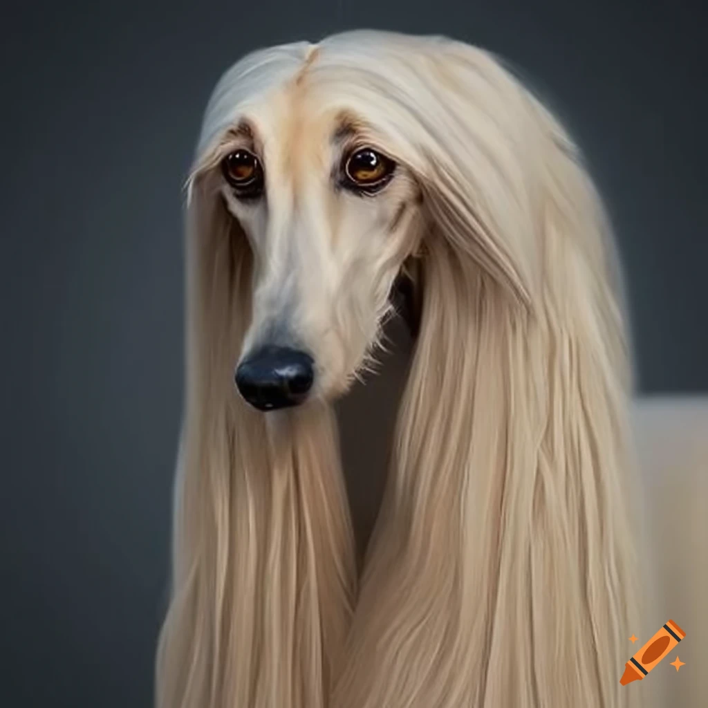 Hyper realistic cream afghan hound on a white backdrop on Craiyon