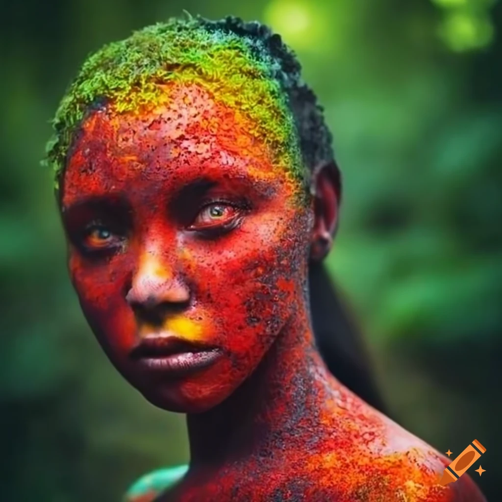 Mystical portrait of lava girl in a lush green forest with emerald ...