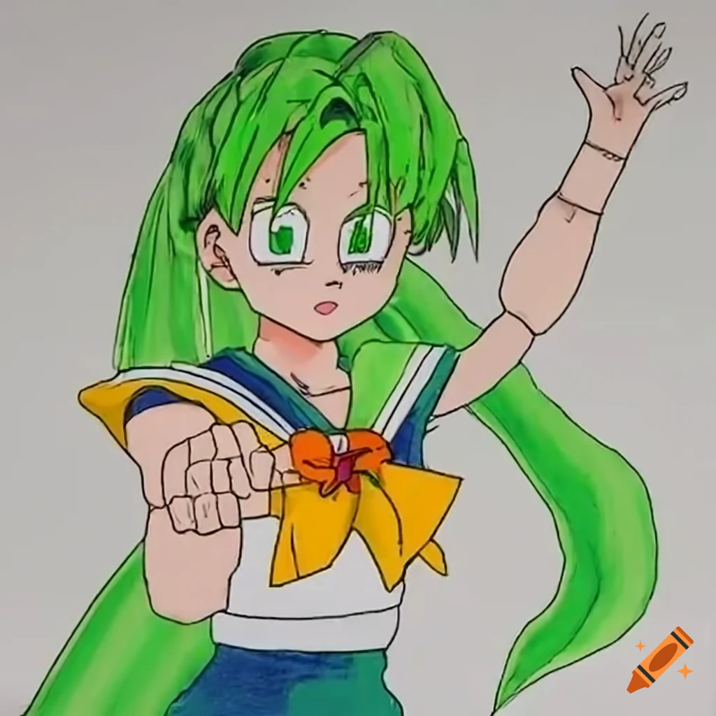Yellow-green-haired dragon ball girl in sailor scout attire on Craiyon