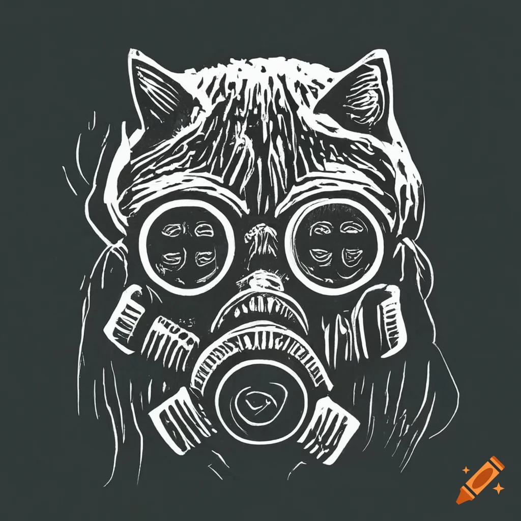 Angry hissing cat face with a gas mask in linocut style on Craiyon
