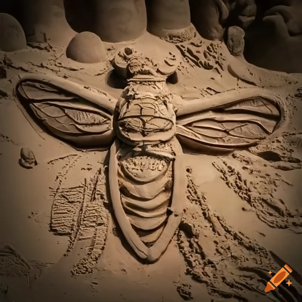 Intricate sand sculpture in the shape of a cicada on Craiyon