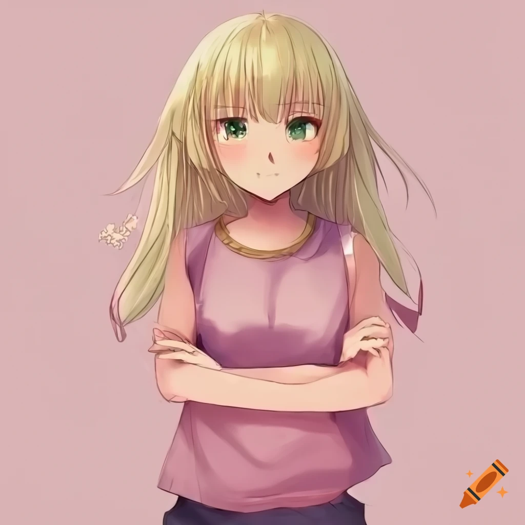Anime Girl With Blonde Hair And Green Eyes Wearing A Pink Sleeveless T Shirt On Craiyon