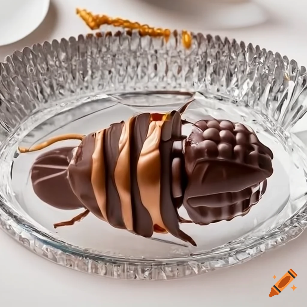 Gourmet cicada-shaped chocolates on a crystal plate on Craiyon