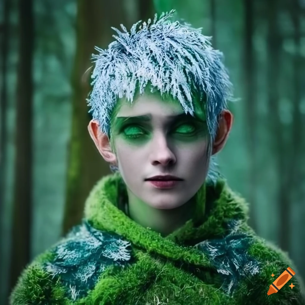 Mystical portrait of Jack Frost in a lush green forest with emerald ...