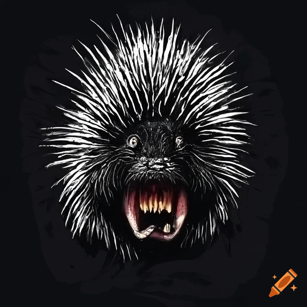 Detailed black ink drawing of a creature with porcupine spines in a ...