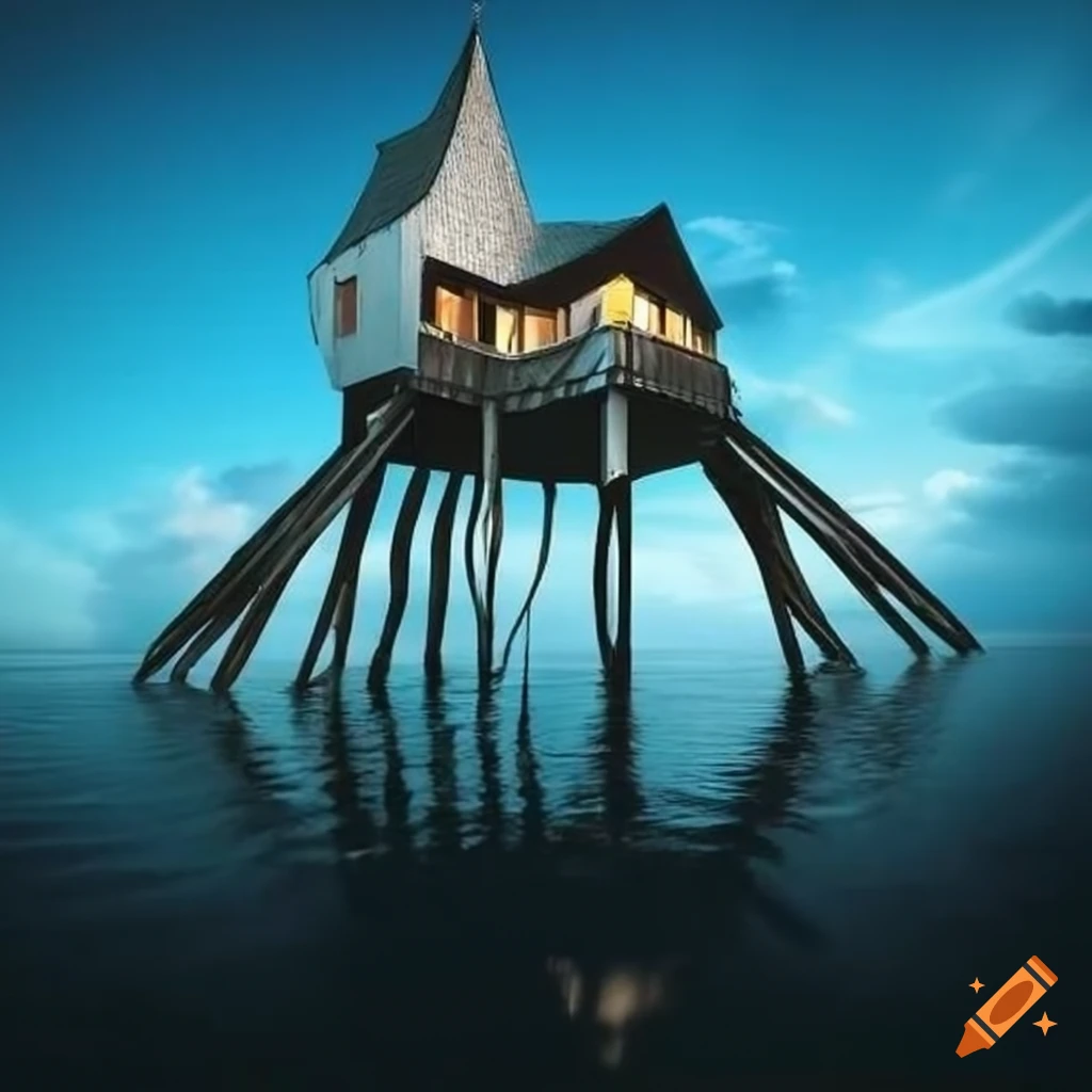 Castle-like structures on stilts in a serene setting on Craiyon