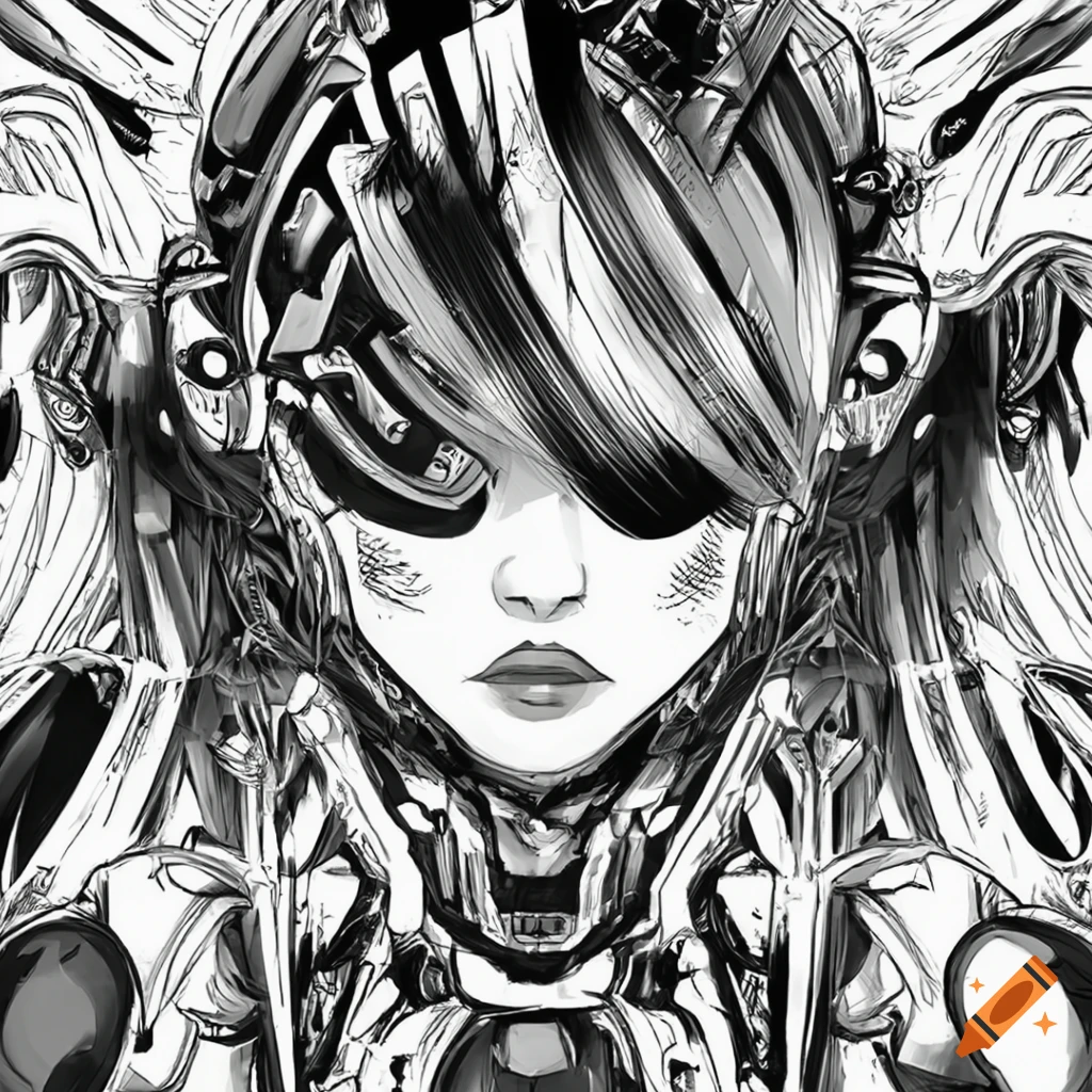 Cybernetic girl in manga anime style in black and white on Craiyon