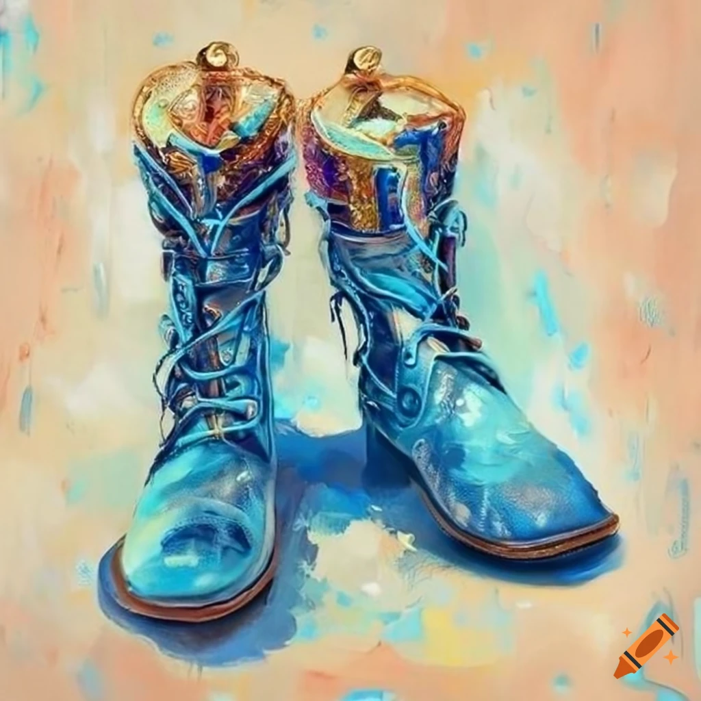 Light blue fantasy boots with white inlay and gold buckles on Craiyon