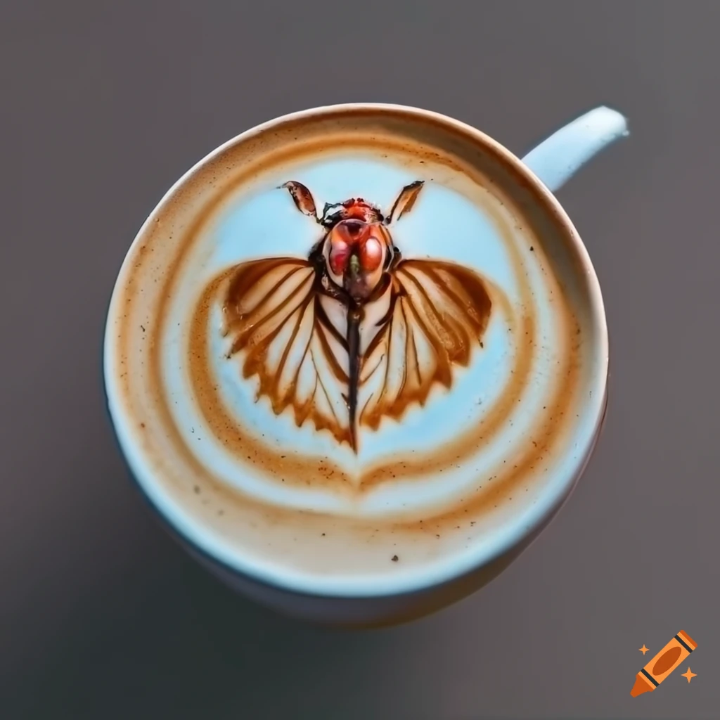 Latte with foam art depicting a cicada from above on Craiyon