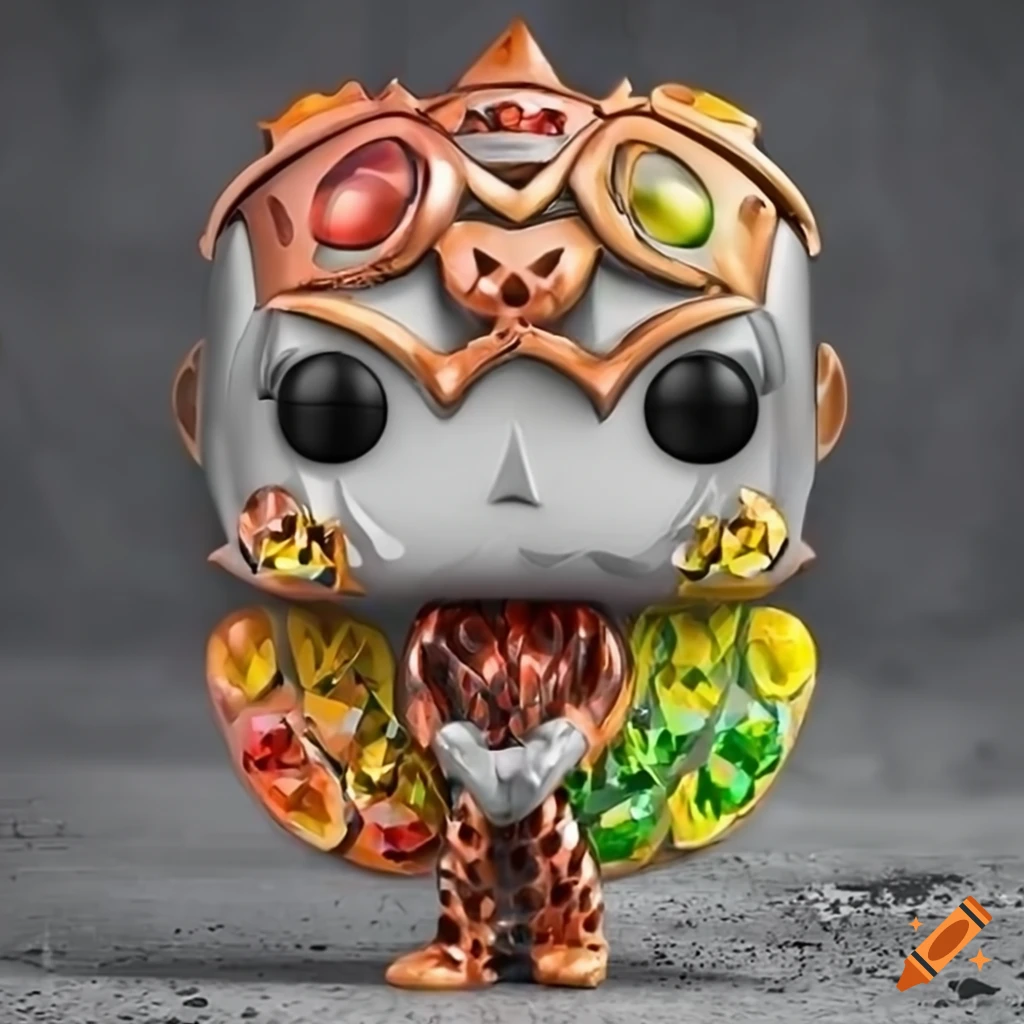 Colorful funko pop world with red gem stones and tribal designs on Craiyon