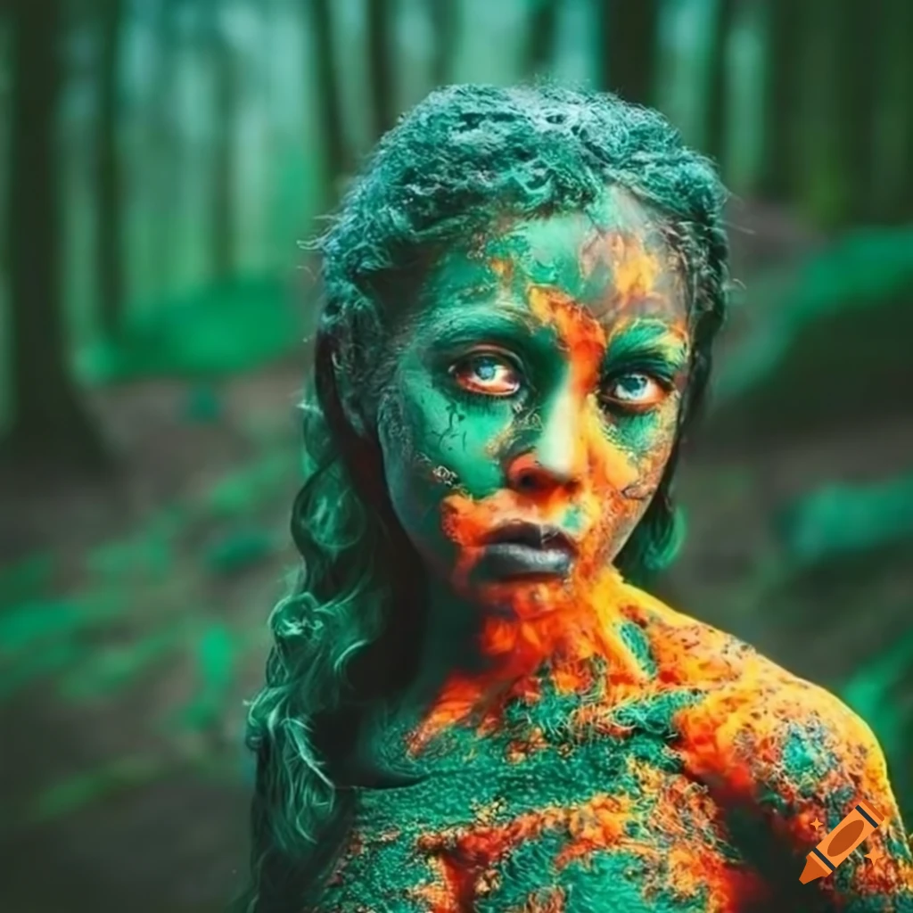 Mystical portrait of lava girl in lush green forest with moss covering ...