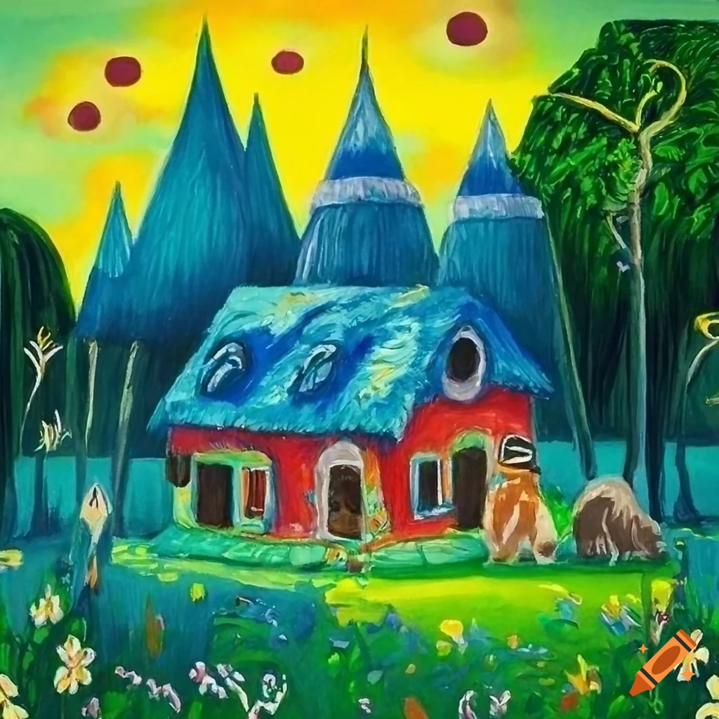 Colorful Funko Pop world with cats, trees, and a swamp pond in a naive ...