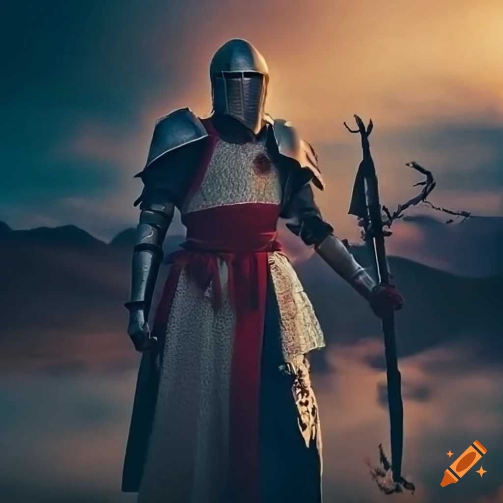 Mortally wounded knight looking at sunset near mountains on Craiyon