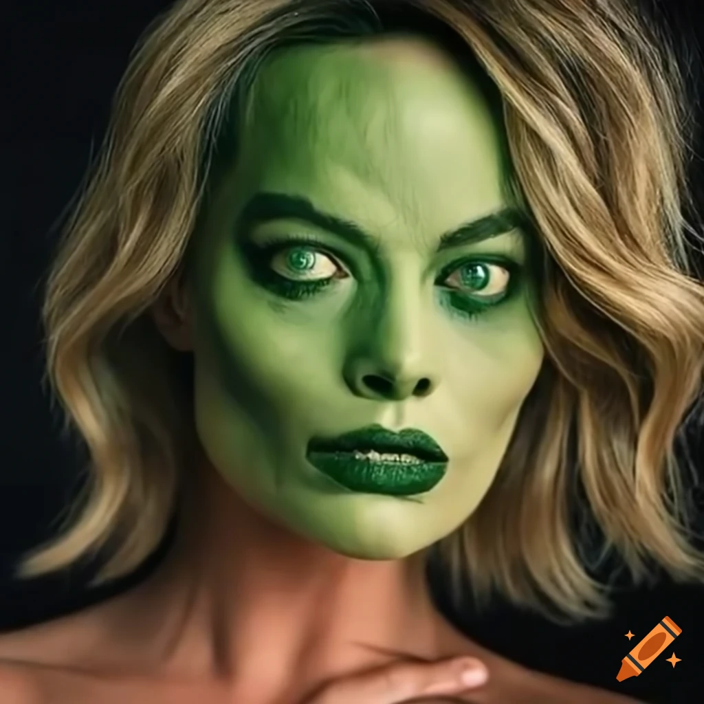 Margot robbie vibrant cosplay of green-faced character the mask on Craiyon