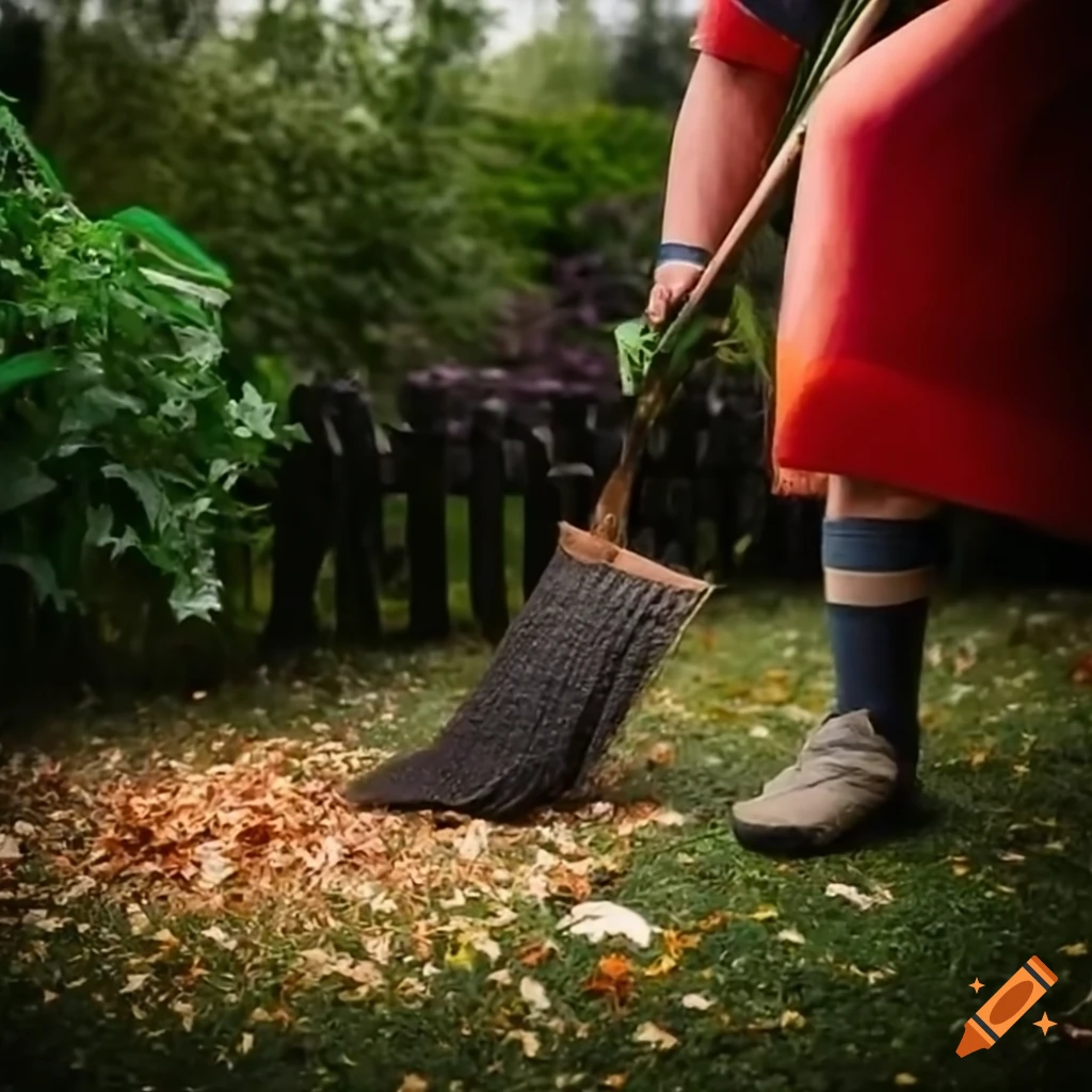 Male gardener sweeping wood shavings into a flower bed on Craiyon