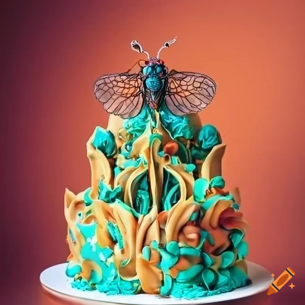 Intricate vibrant cake decorated with whimsical cicada designs on Craiyon