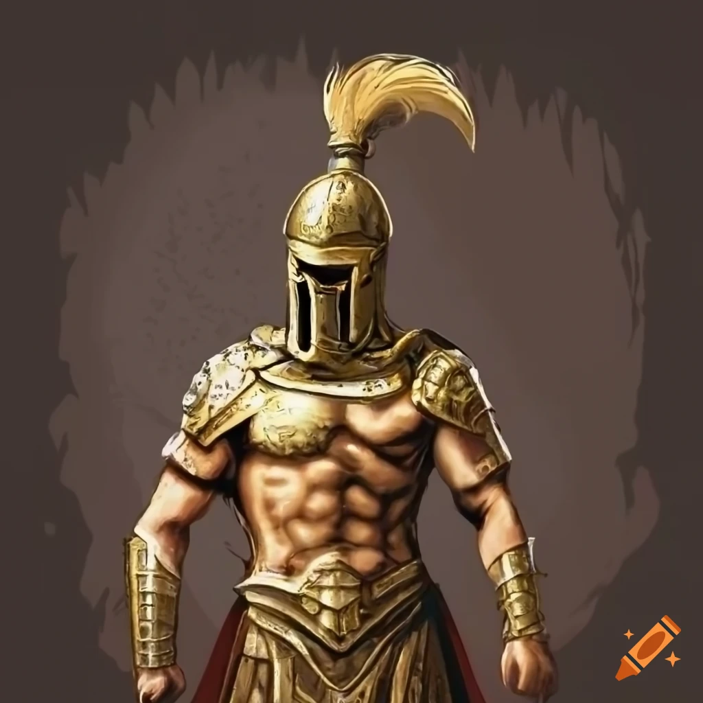 Victorious gladiator in gold and iron armor with shield next to ...