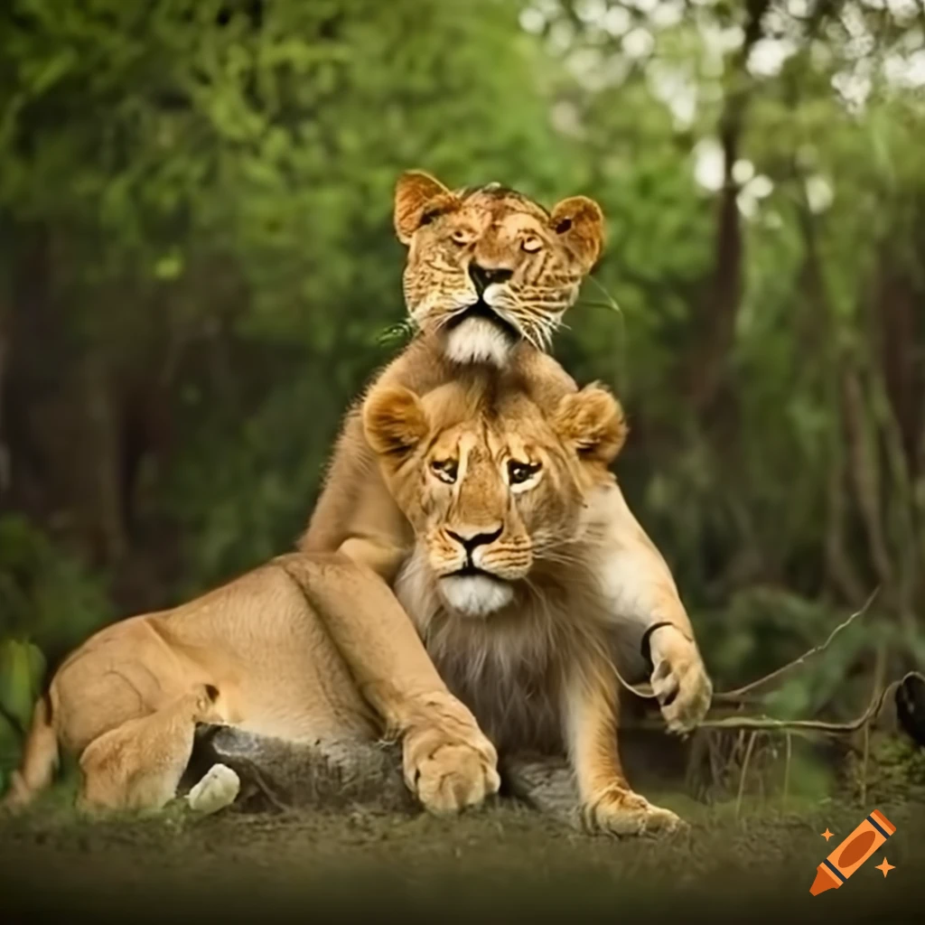 Young child riding a lion in a lively jungle setting on Craiyon