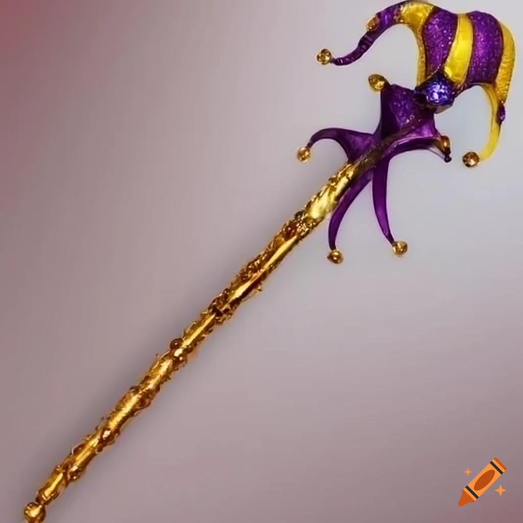 Gold and purple gem long staff with a jester theme on Craiyon