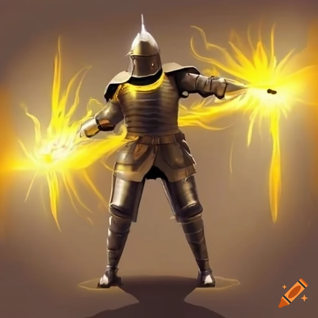 Man in silver armor shooting glowing yellow energy beams while hovering ...