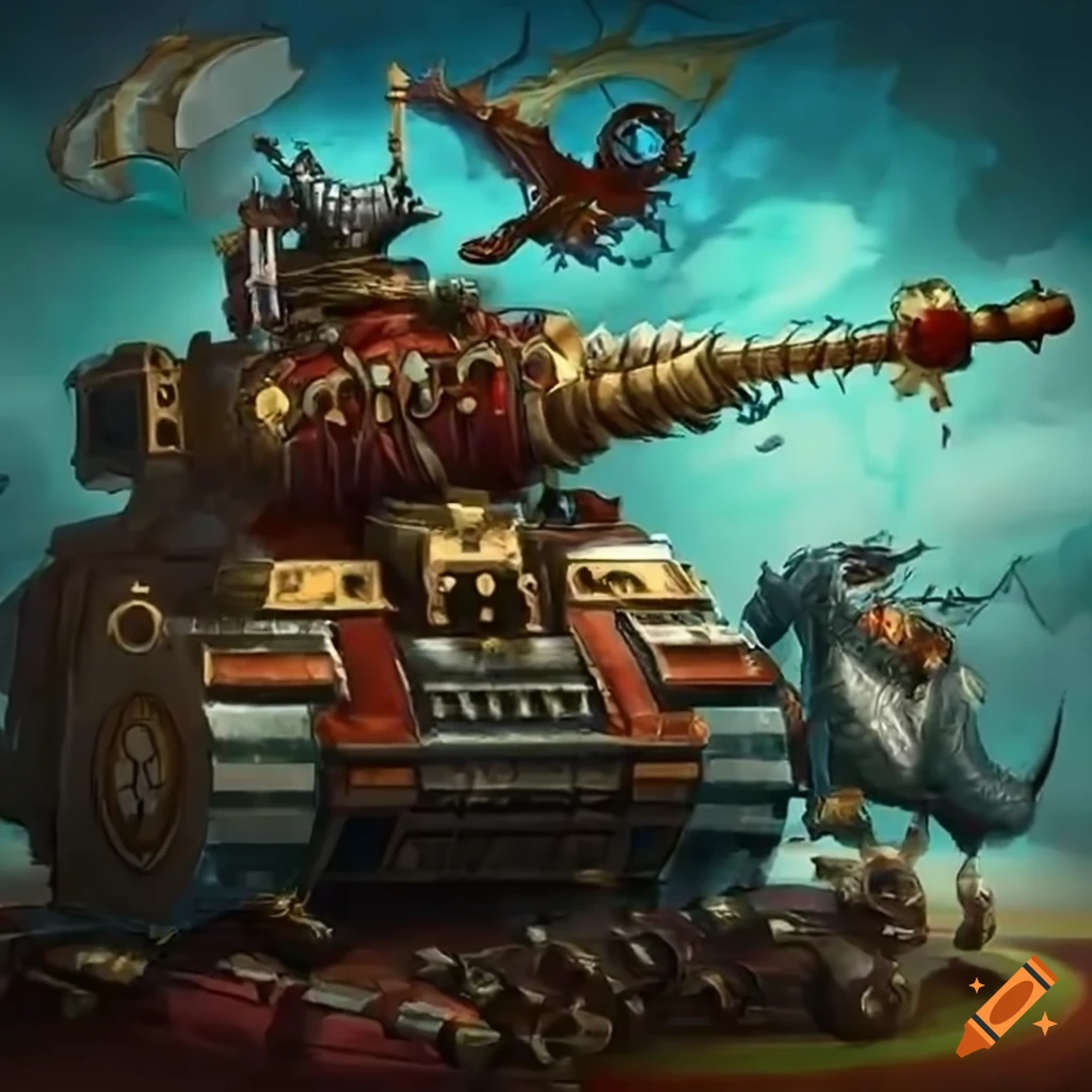 Steampunk tank clashing with a dragon in a battlescape on Craiyon