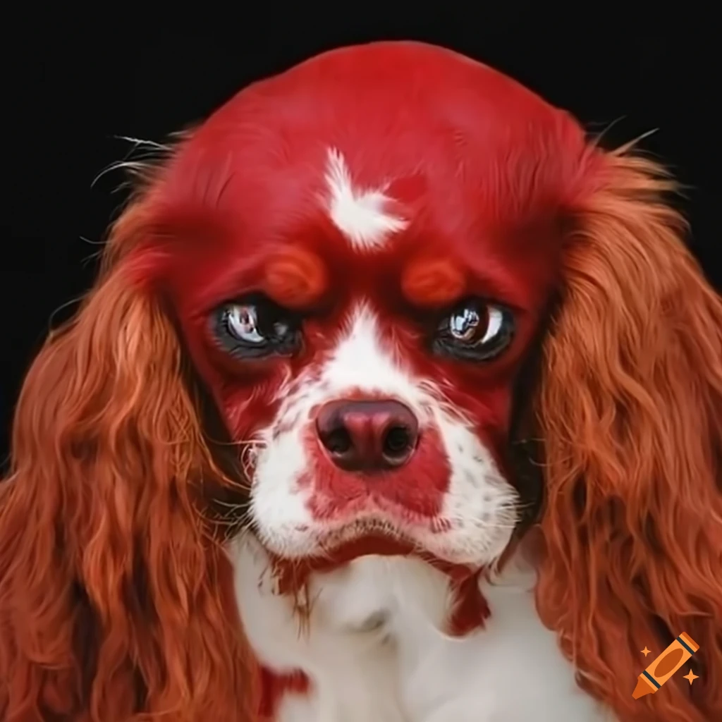 Scary barking ruby king charles spaniel covered in red paint on Craiyon