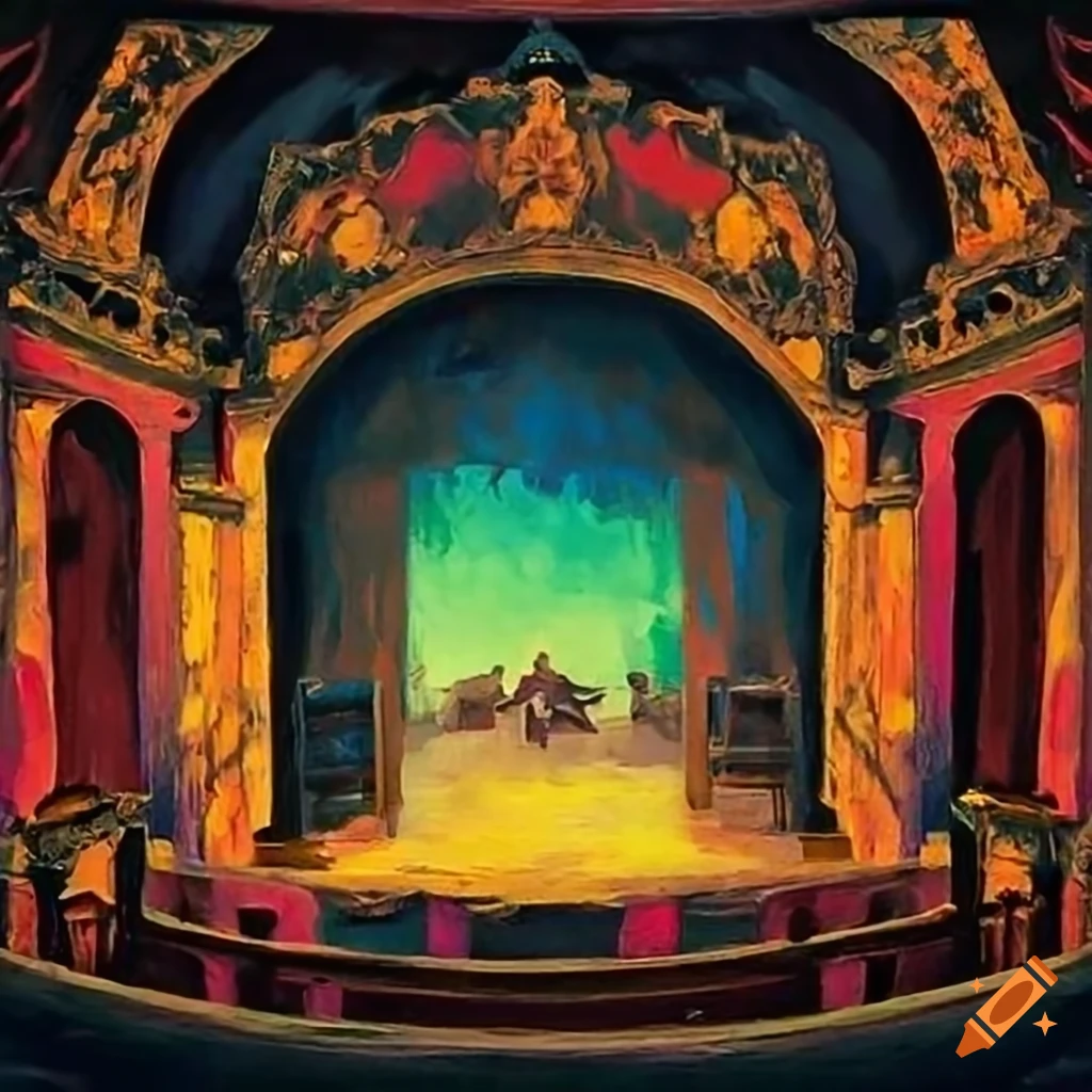 Theatre stage with a single light projector illuminating the center on ...