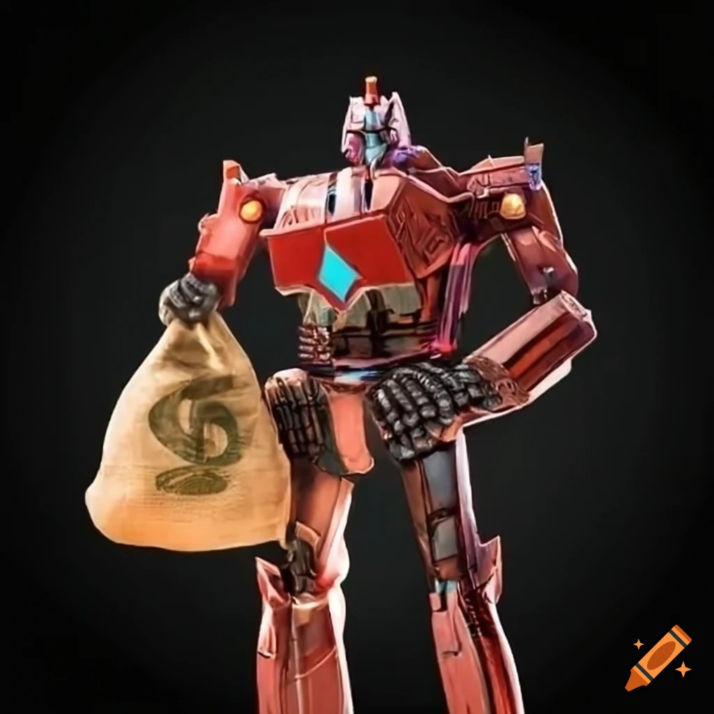 Transformer holding a christian cross and a bag of money on Craiyon