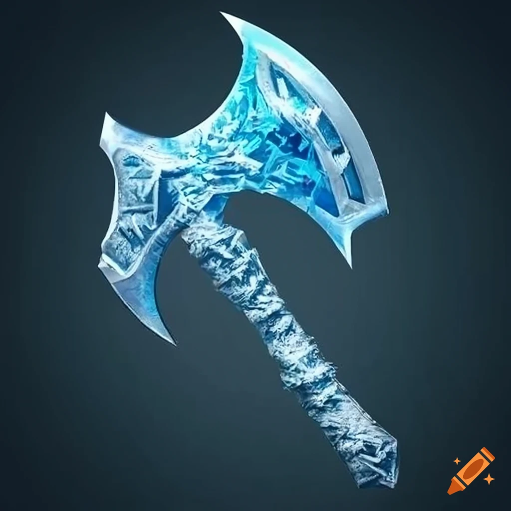 Mythic ice-covered frost axe in a fantasy setting on Craiyon