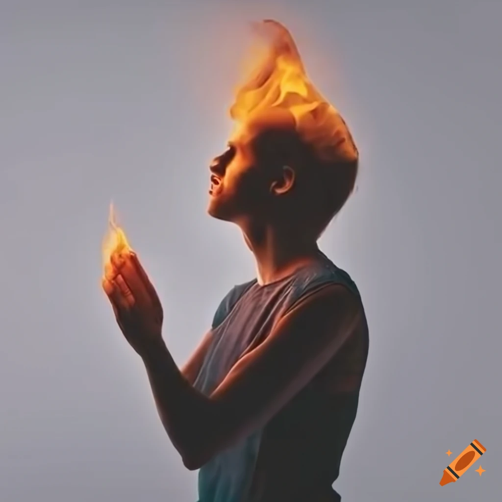 Person praying with fire above their head on a white background on Craiyon