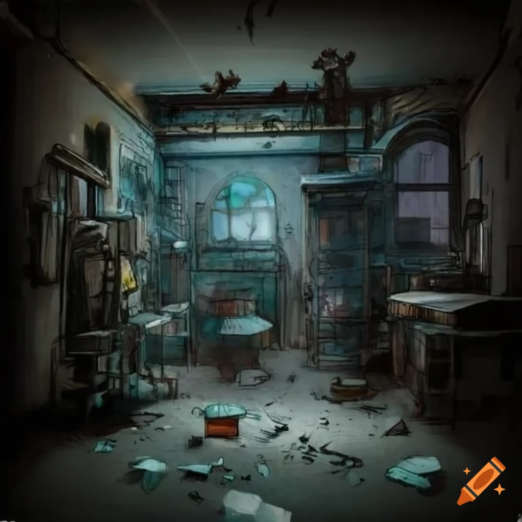 Comic depiction of an old lab with shattered glass and broken equipment ...