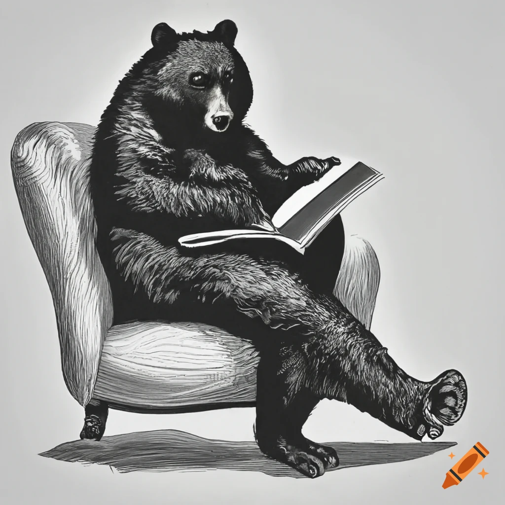 Black bear sitting in a white chair reading a big book on Craiyon