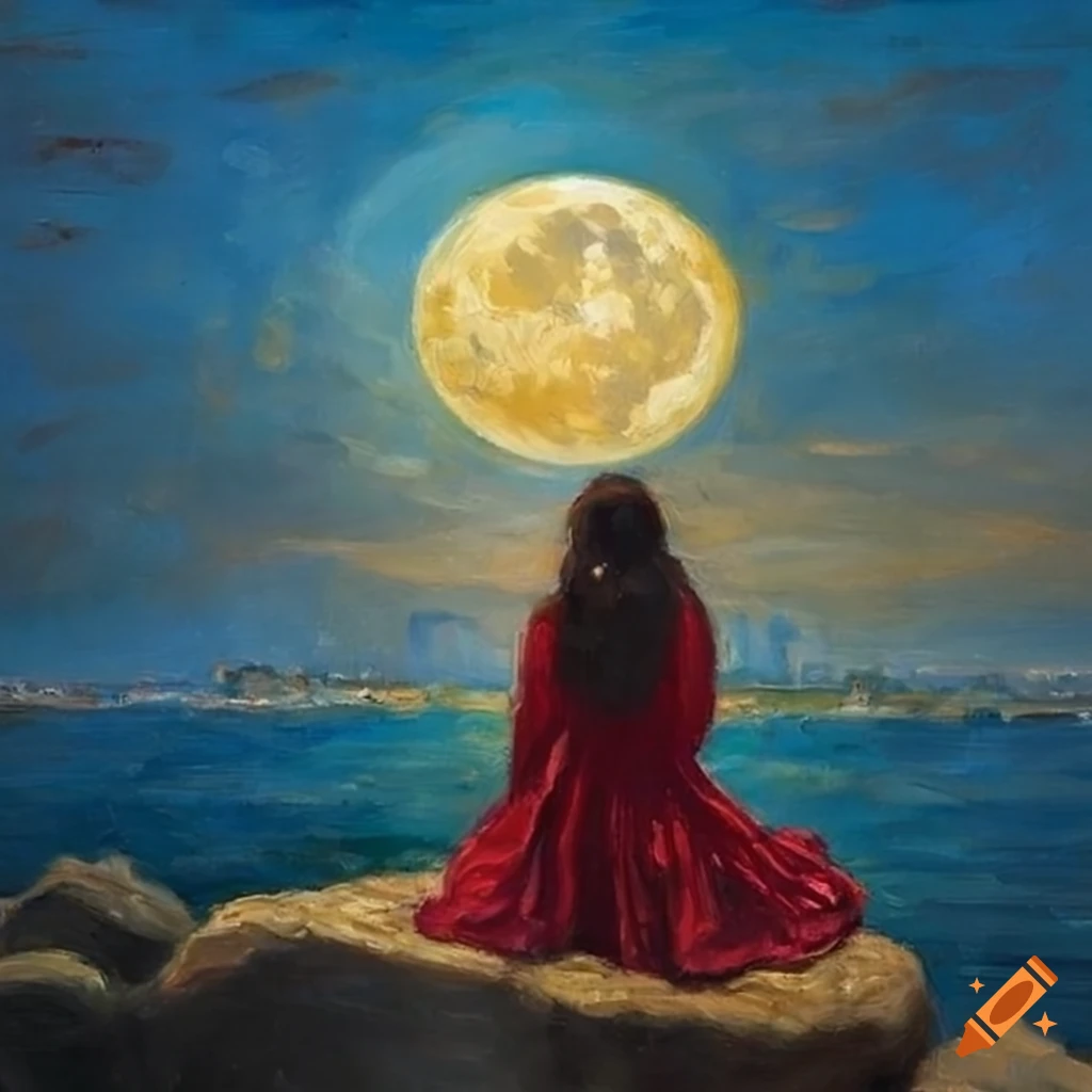 Monet painting of a woman with long wavy dark hair under a gold moon on ...