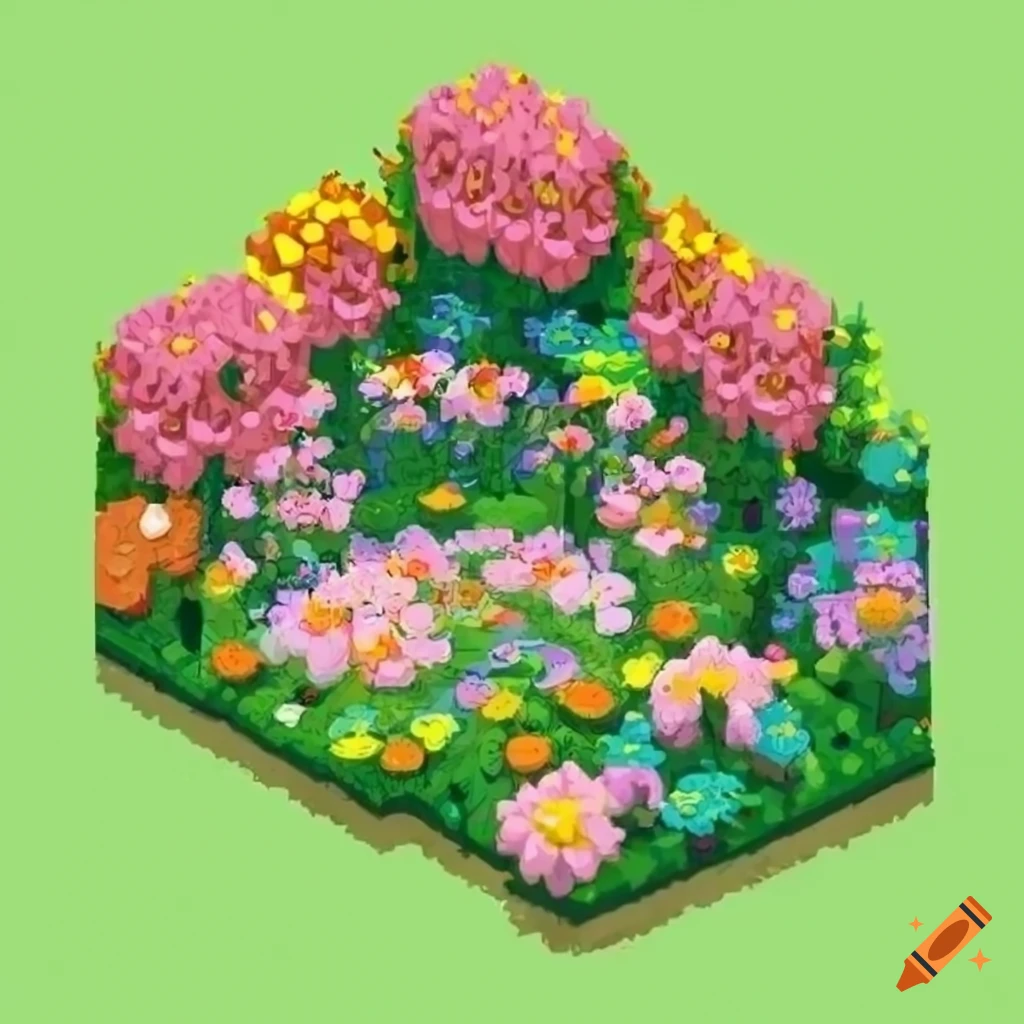 Detailed pixel art isometric spring flower garden map on Craiyon
