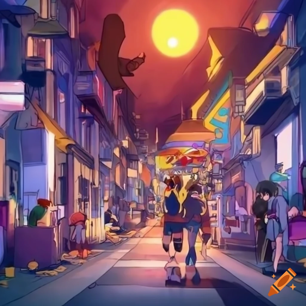 Anime street scene with Pokemon characters in a bustling city with ...