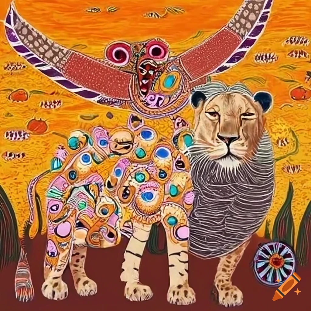 Tinga tinga style animals in savanna with sheep riding lions on Craiyon