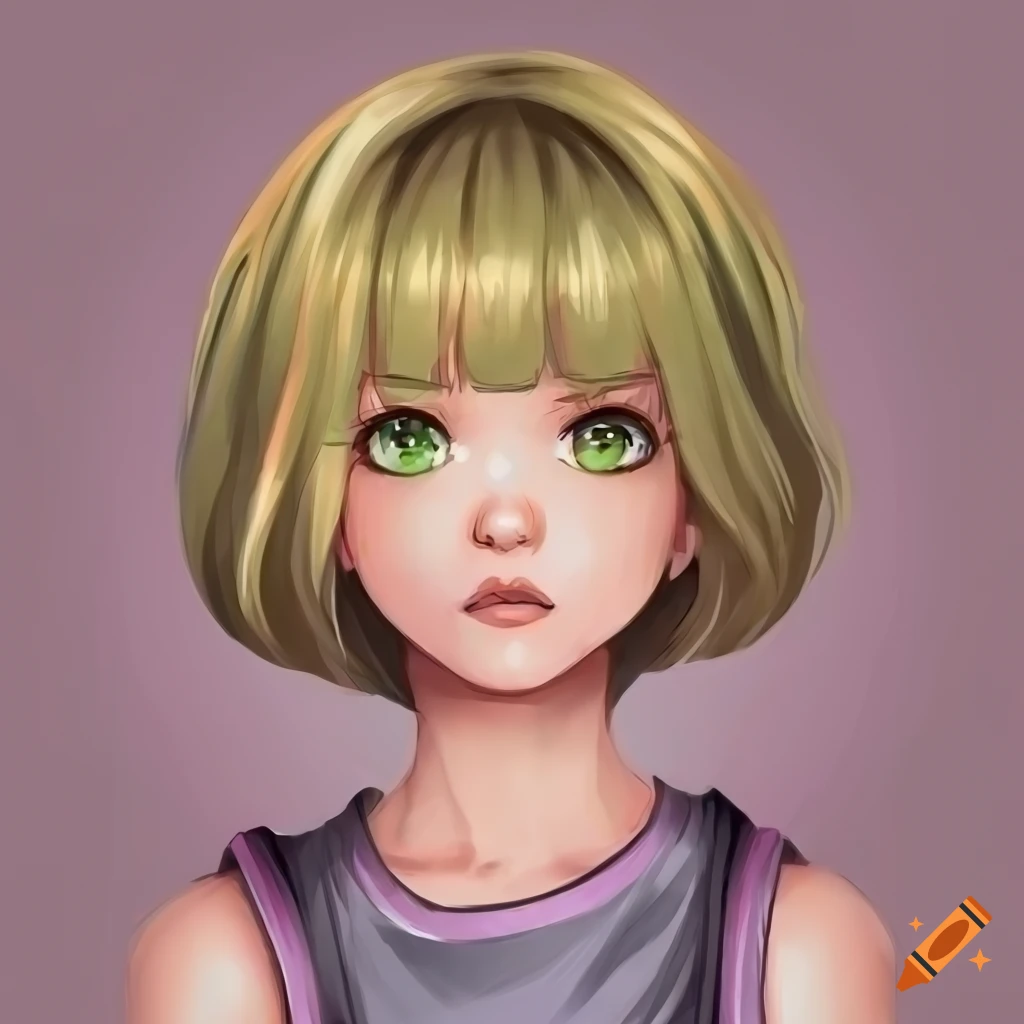 Anime Girl With Blonde Hair And Green Eyes In A Light Pink Sleeveless T
