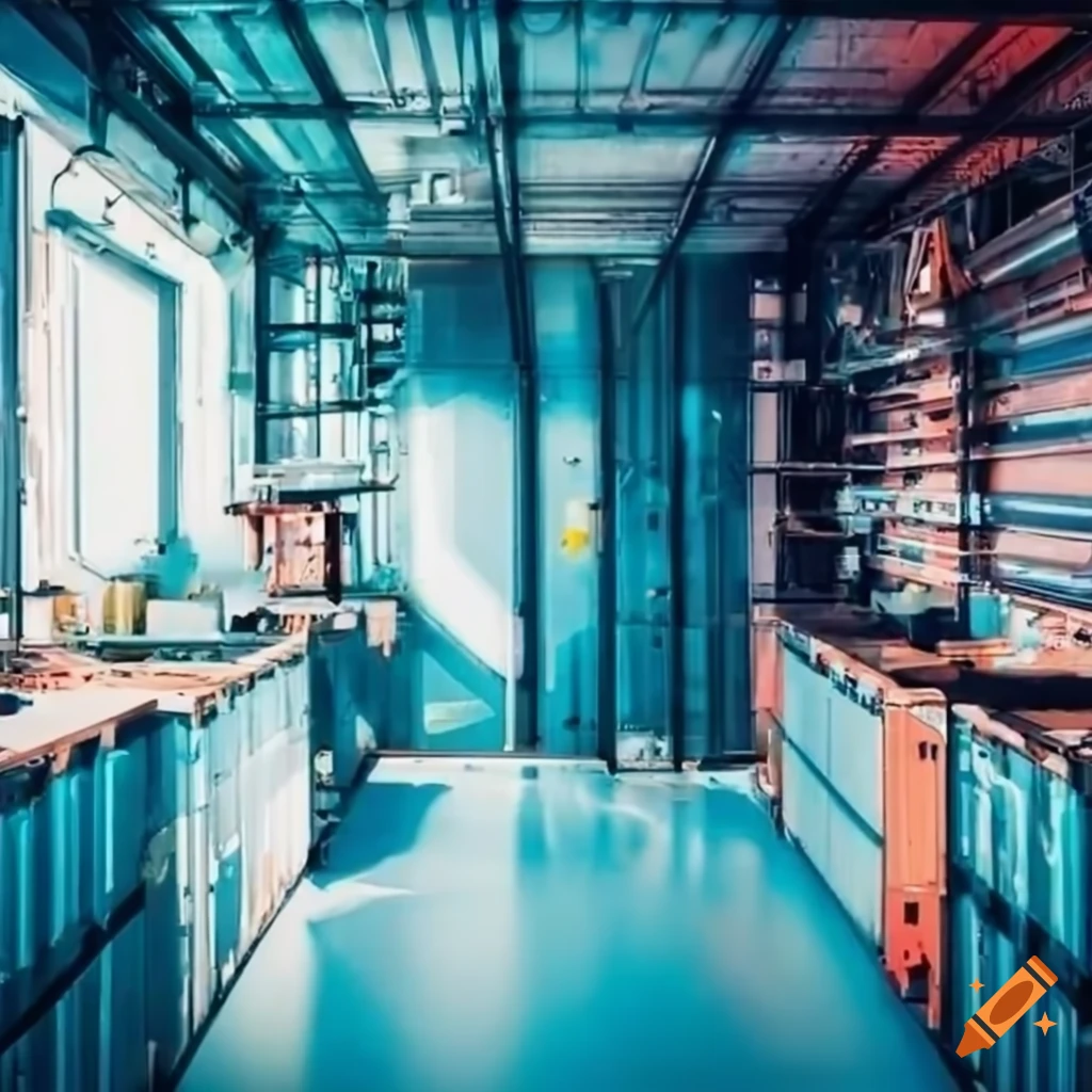 Interior of a mini kitchen factory in a shipping container from top ...