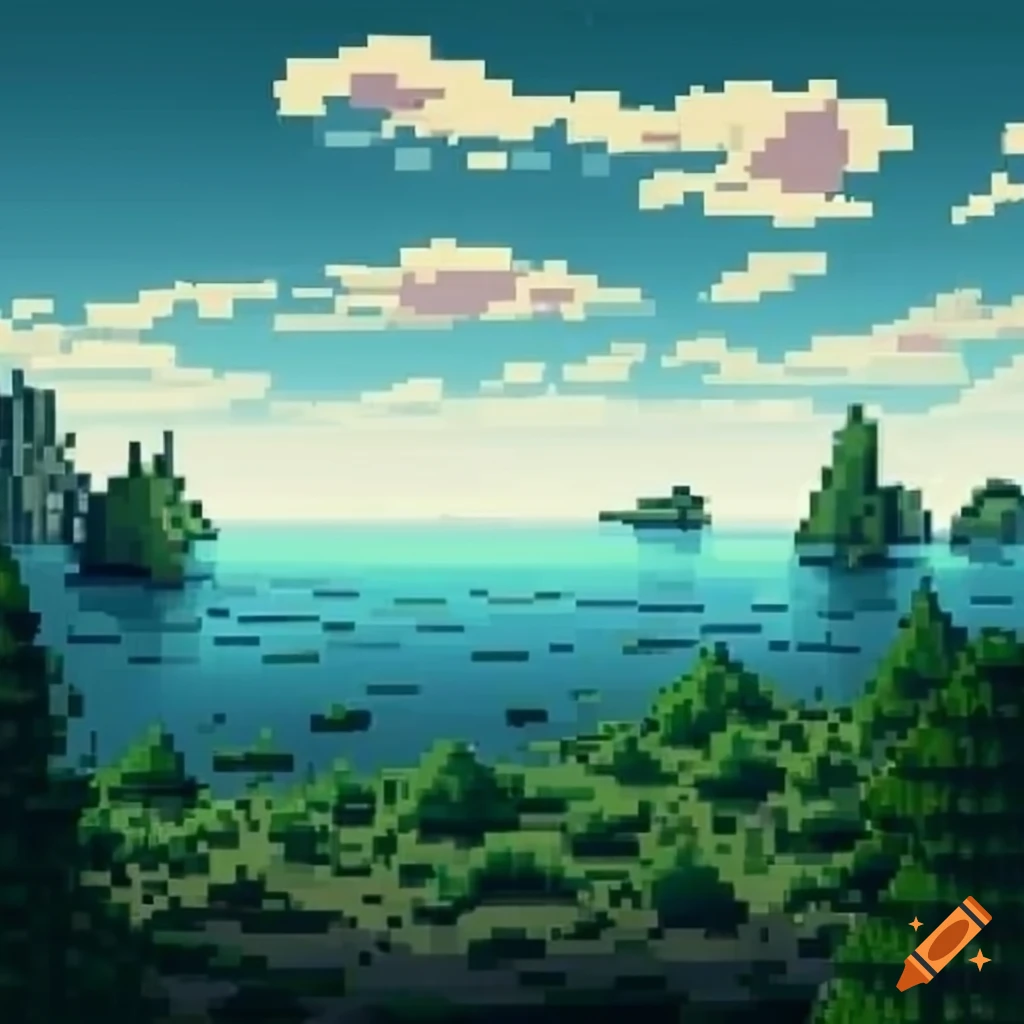 Realistic pixel art of a Carboniferous landscape with plants, water ...