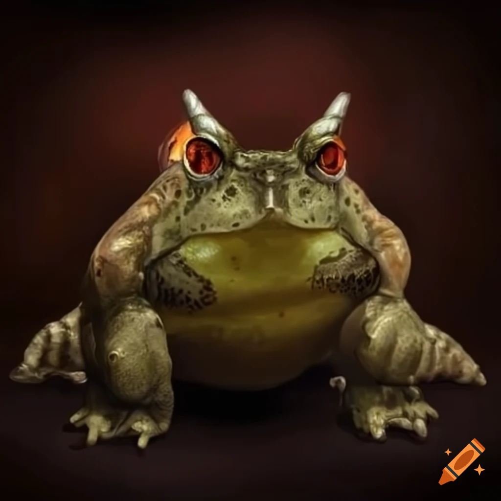 Giant frog with bull horns and big tooth, orc mount on Craiyon