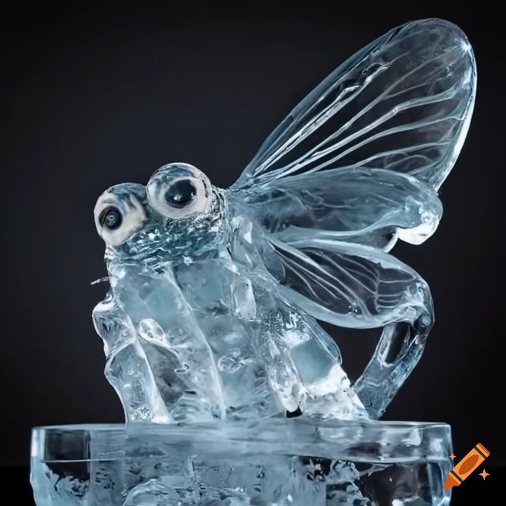 Intricately detailed ice sculpture of a cicada with a champagne glass ...