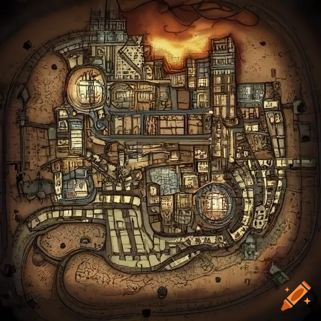 Fantasy steampunk city map with districts and train tracks on Craiyon
