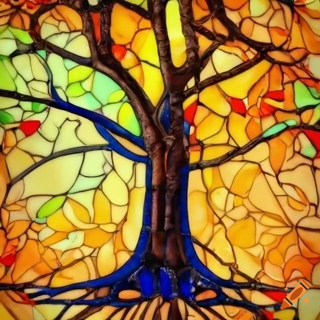 Beautiful forest trees with colorful birds in stained glass style on ...
