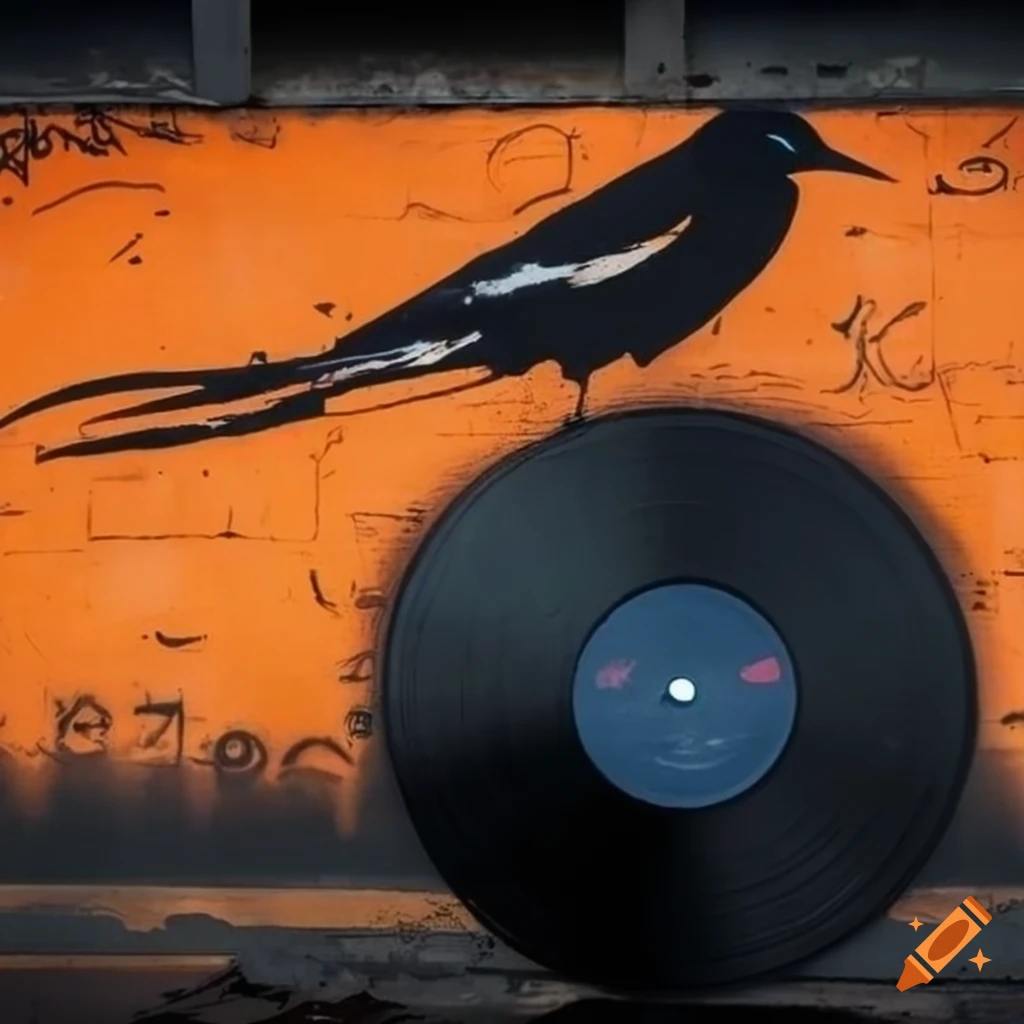 Street art graffiti of a blackbird and vinyl record in black and orange ...