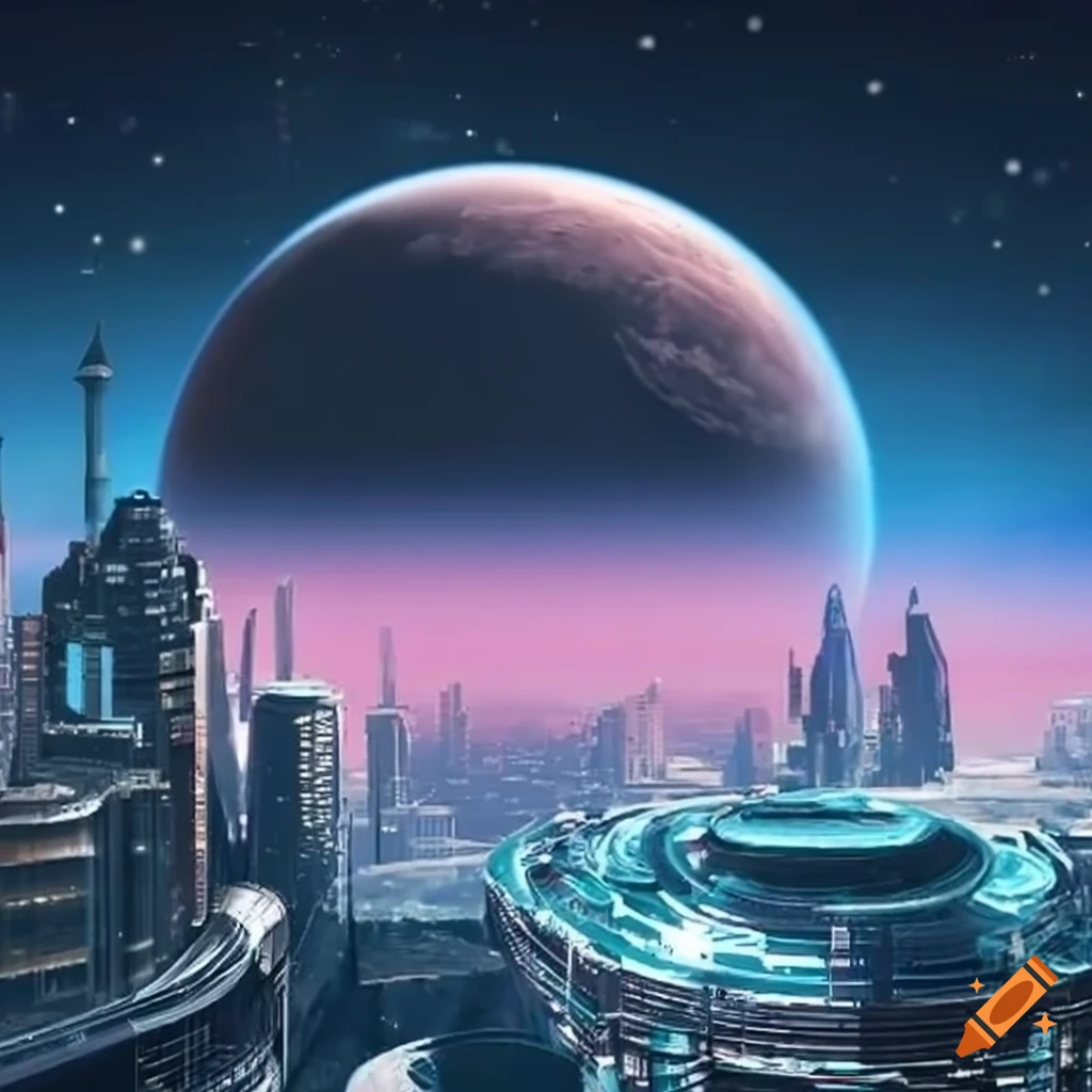 Outer space planets with futuristic cityscape on Craiyon