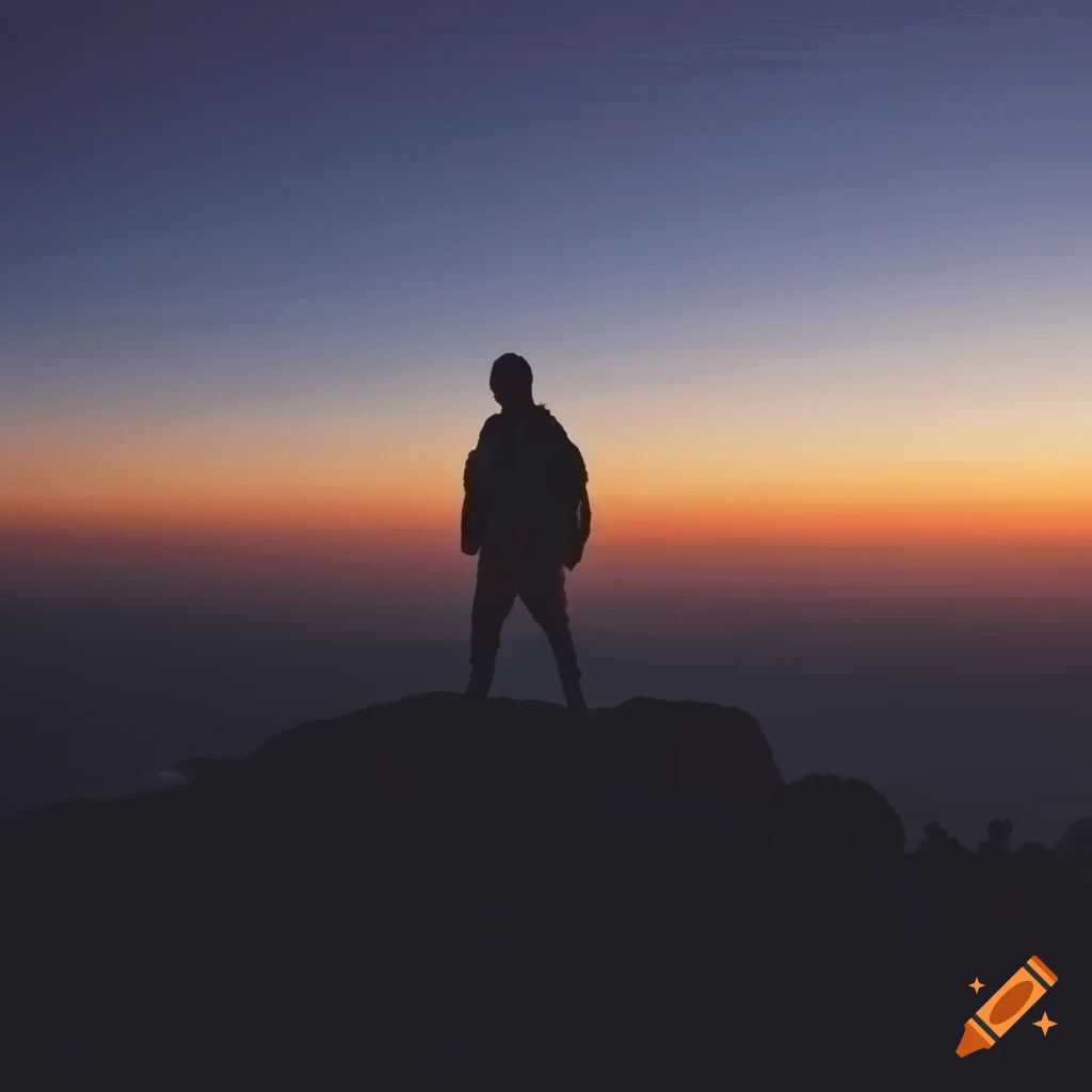 Explorer gazing at sunrise surrounded by scenic boulders on Craiyon
